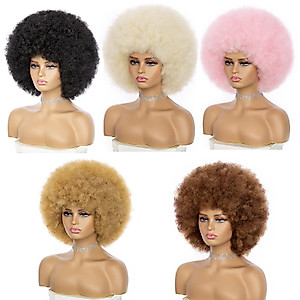 Afro Wig - Soft Afro Wig 70s For Women Afro Kinky Curly Hair Wigs With Bangs Natural Looking Short Afro Curly Wig For Men Bouncy Black Afro Puff Wig Synthetic Hair Big Afro Wig For Daily Party Use