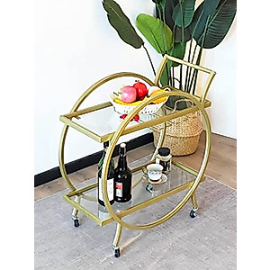 SMARTISBEAUTY Gold Bar Cart, 2-Tier Rolling Mobile Home Bar and Serving Beverage Carts with Glass Holdler, Modern Metal Wine Cart with Lockable Wheels 28" W x 14" D x 31”H