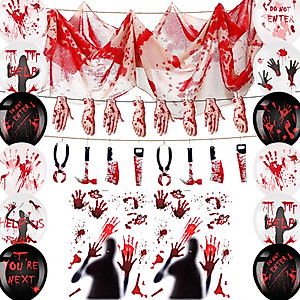 Barydat 50 Pcs Bloody Halloween Party Decorations Set Halloween Bloody Garland Banner Windows Stickers Creepy Cloth Scary Latex Balloons for Halloween Bloody Theme Indoor Outdoor Decoration Supplies