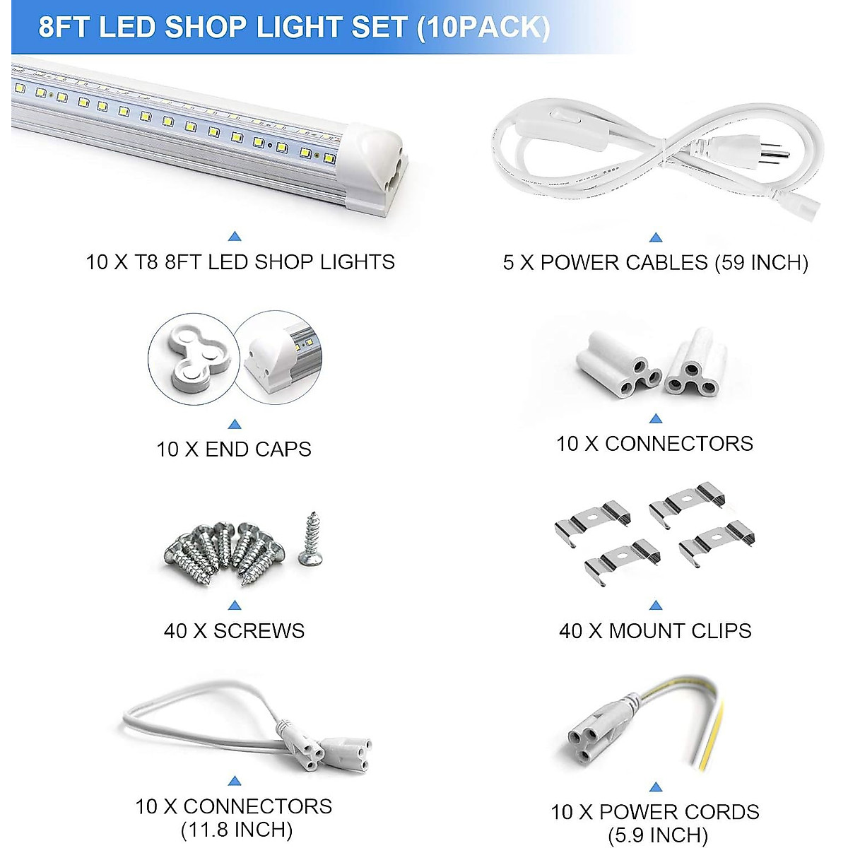 10-Pack 8ft LED Shop Light Fixture - 90W T8 Integrated LED Tube Light - 6500K 12000LM V-Shape Linkable - High Output - Clear Cover - Plug and Play - 270 Degree Lighting for Garage, Shop, Barn