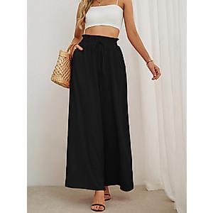 AusLook Women's Wide Leg Dress Pants with Pockets Black XX-Large Lightweight Elastic High Waisted Adjustable Tie Knot Flowy Loose Slacks Lounge Casual Ladies Beach Pleated Trousers