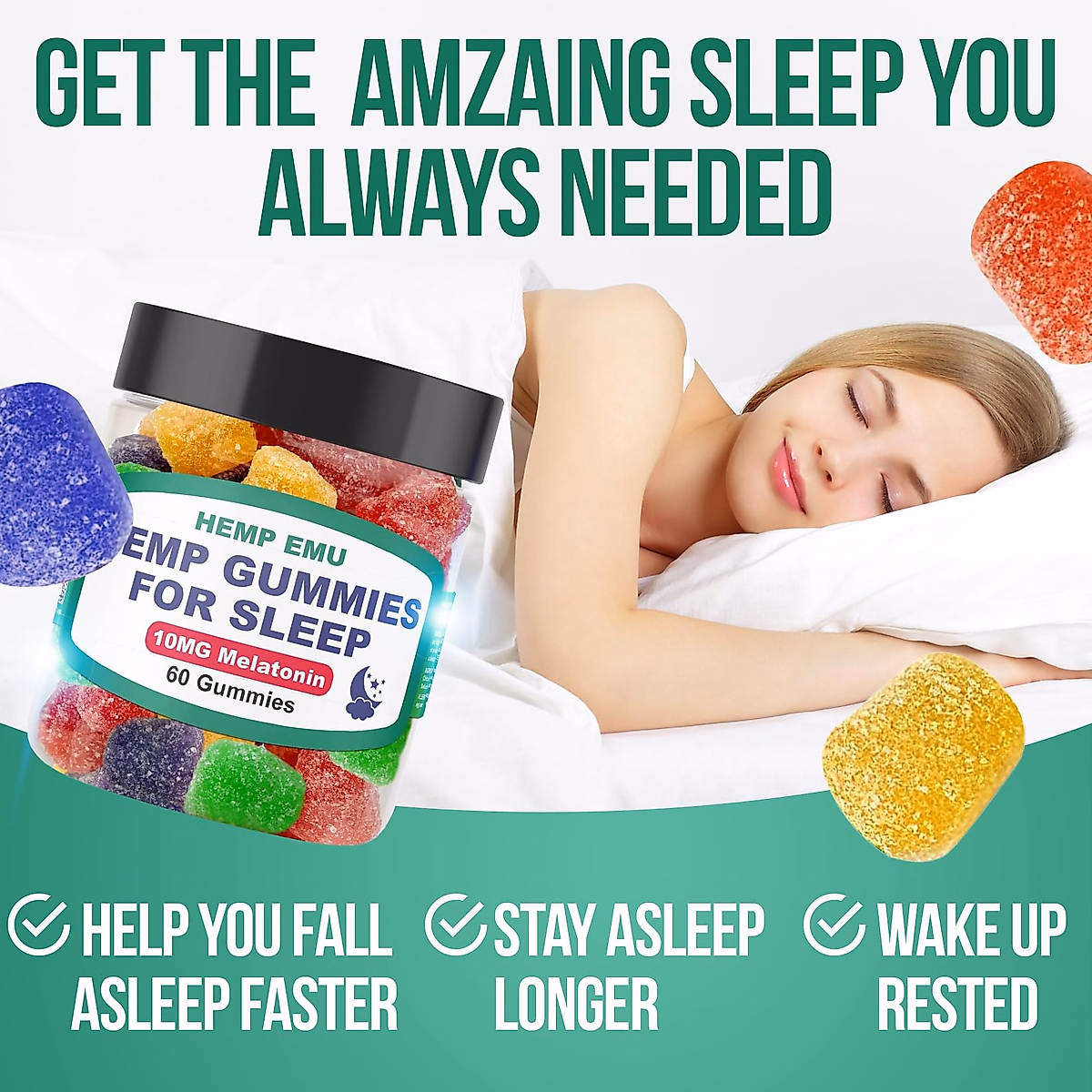 Hemp Emu Hemp Gummies for Sleep - Fall Asleep Faster, Stay Asleep Longer - 10mg Melatonin + Premium Hemp Extract, 2 Gummies Per Serving - 60 Count Fruit Flavored Gummies