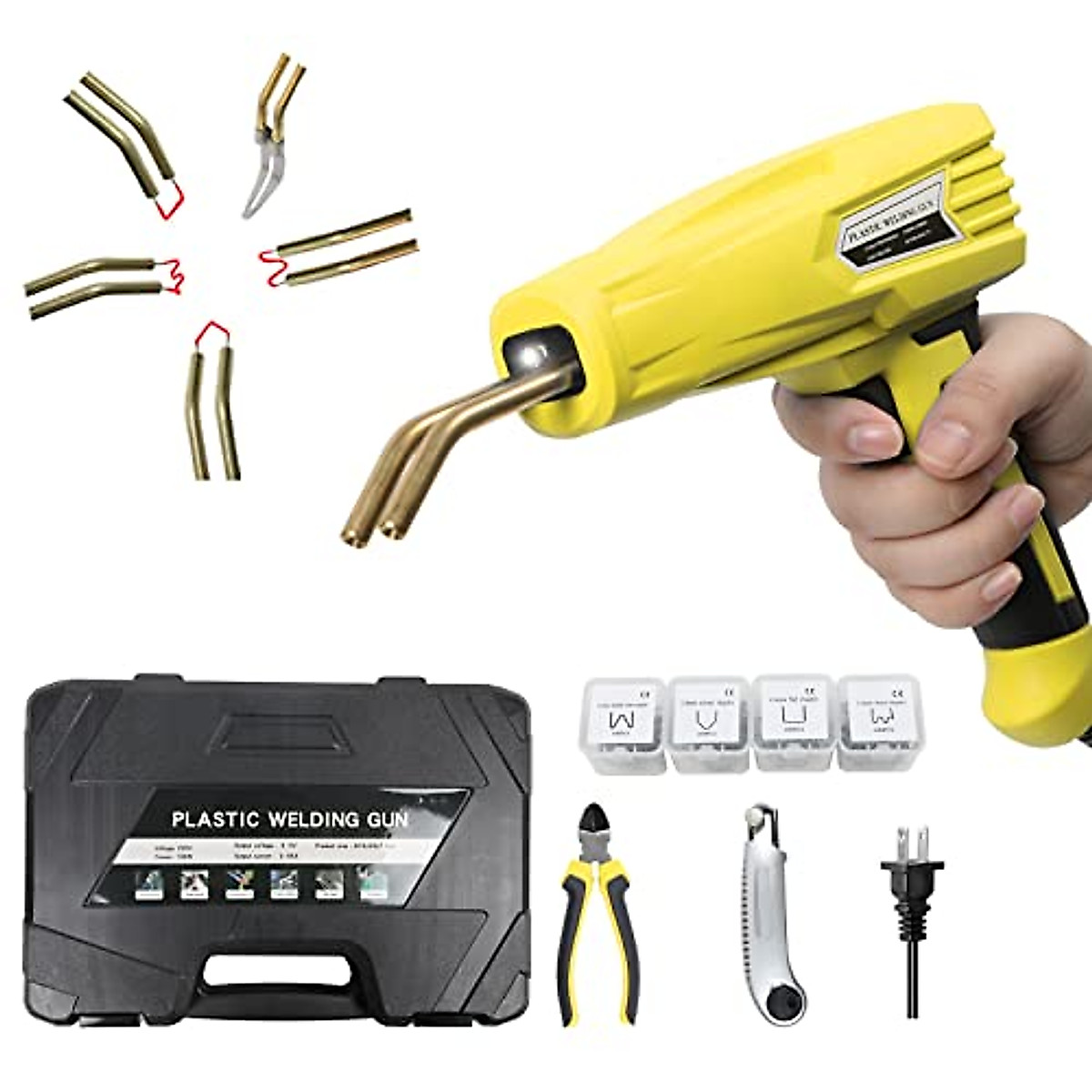 MOTOCOCHE 110V 100W Newest Plastic Welder Hot Stapler Gun with 4 Types Staples and Pliers, Plastic Welding Machine Kit with Scraper & Utility Knife for Car Bumper Repair (Yellow)
