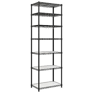 SONGMICS 7-Tier Metal Storage Shelves, Wire Shelving Unit, Adjustable Shelves, Garage Shelving, Kitchen, Living Room Storage Rack, Shelf Liners, 8 Hooks, Total Max. Load 616 lb, Black ULGR067B01