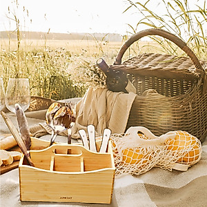 APRTAT Bamboo Flatware Utensil Caddy,Utensil Holder For Outdoor Picnic, Kitchen Storage-Holds Silverware, Forks, Knives, Spoons And Other Utensils | Size-8.03 L x 5.43 W X 4.73 H in