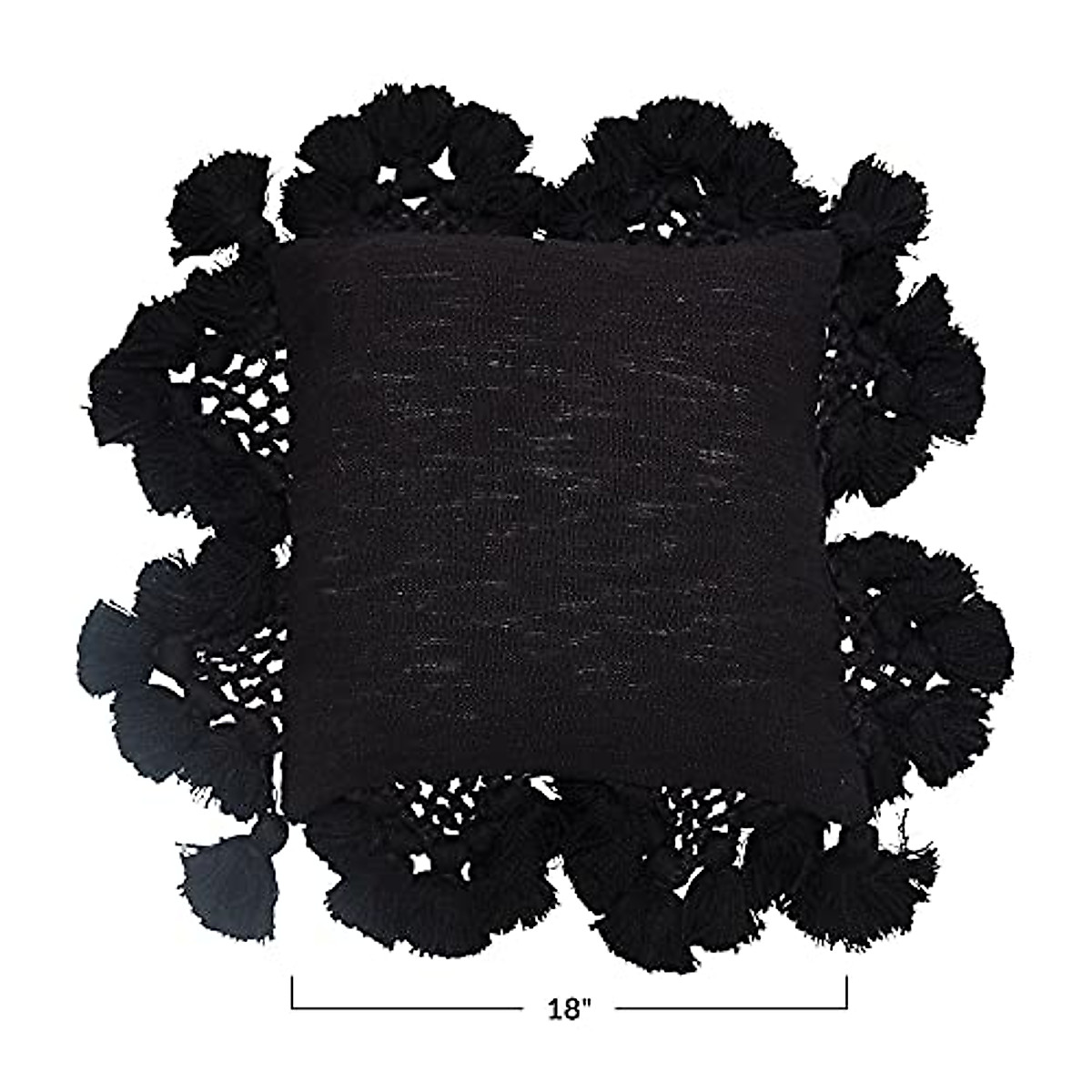 Creative Co-Op 18" Square Cotton Slub Crochet & Tassel, Fringe Detailing Pillow, Black