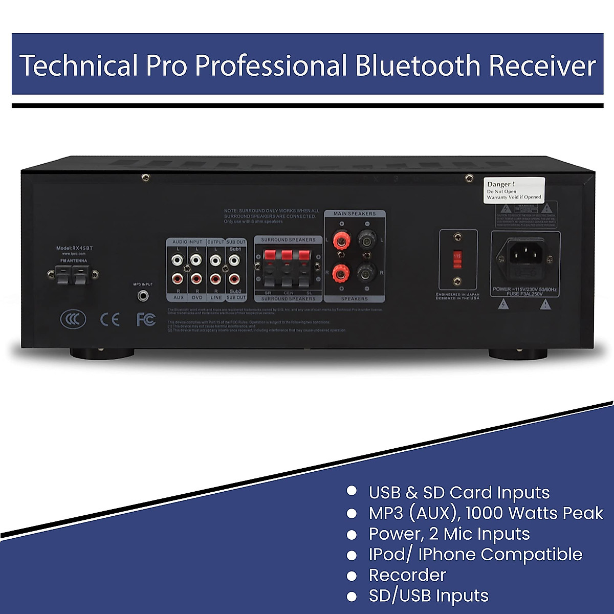 Technical Pro Professional 1000 Watts Receiver with USB SD Card Inputs, 2 Mic Inputs, Recorder, and Wireless Remote
