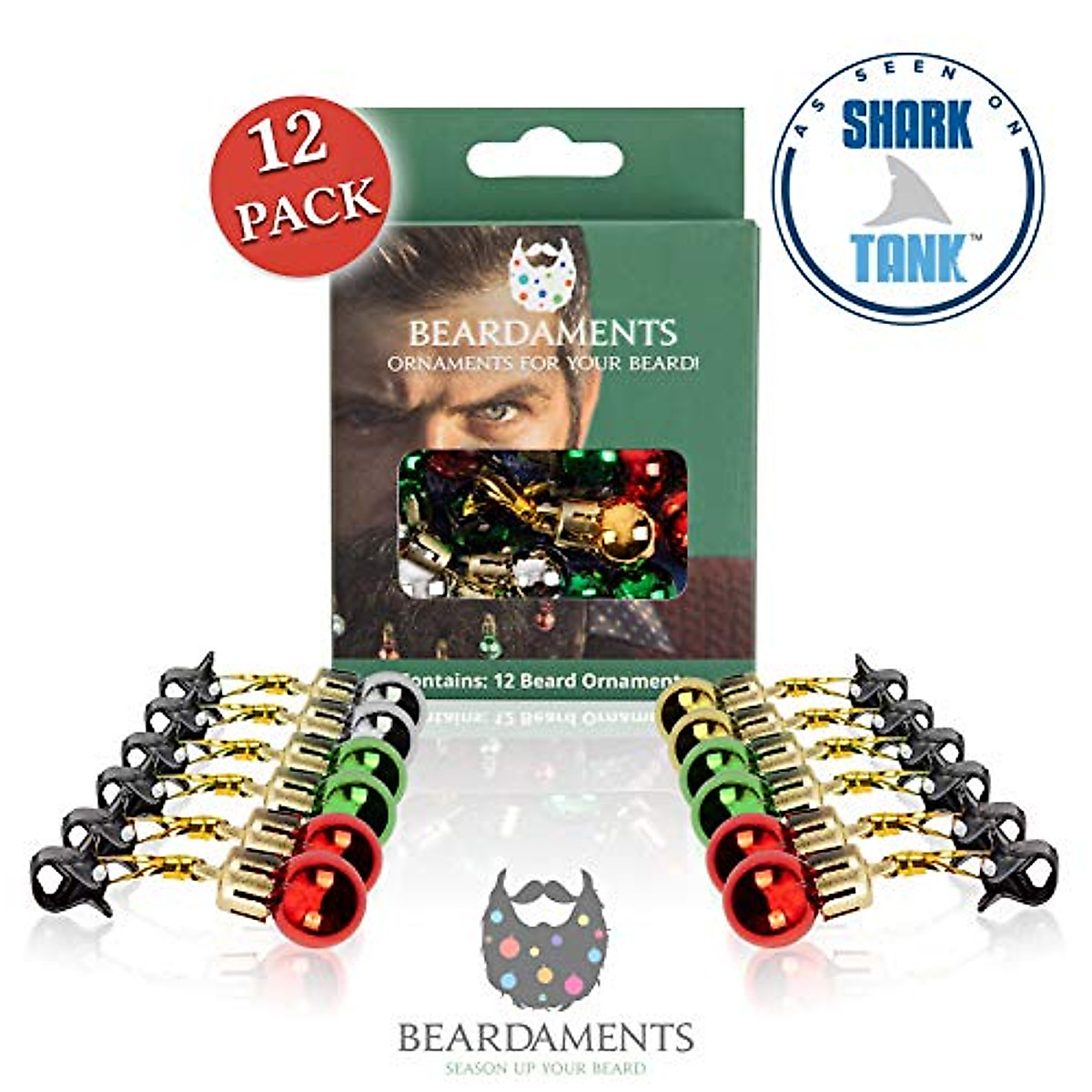 BEARDAMENTS Beard Ornaments - The Original 12pc Colorful Christmas Facial Hair Baubles for Men in the Holiday Spirit, Easy Attach Mini Mustache, Sideburns, Festive Red, Green, Gold, Silver Mix
