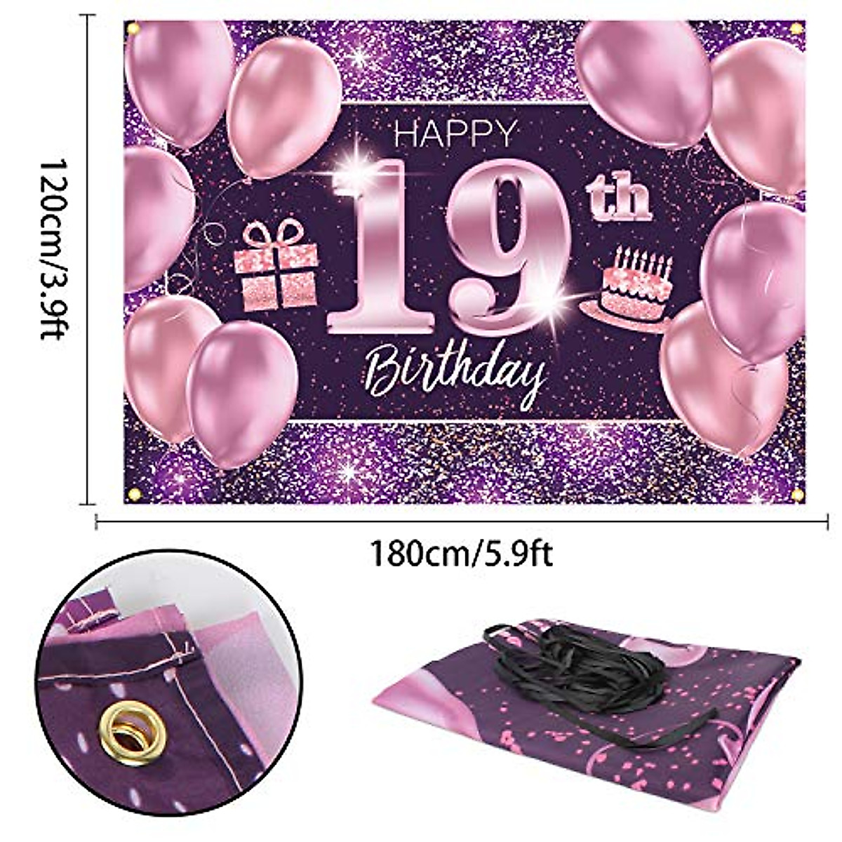 PAKBOOM Happy 19th Birthday Banner Backdrop - 19 Birthday Party Decorations Supplies for Women- Pink Purple Gold 4 x 6ft