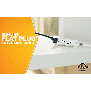 Woods SlimLine 2241 16/3 Flat Plug Indoor Extension Cord, 8-Foot, 3 Outlets, Right Angled Plug, Space Saving Design, UL Listed