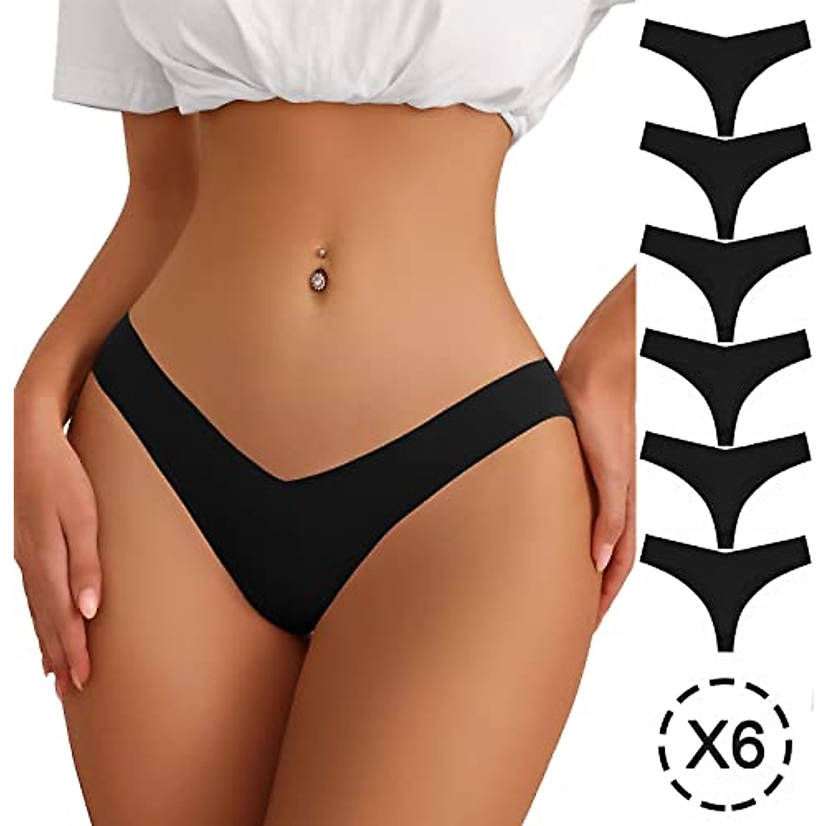 Sexy Thongs for Women, No Show Panties V-waisted Stretch Breathable, Seamless Thong Underwear 6 Pack Small Black