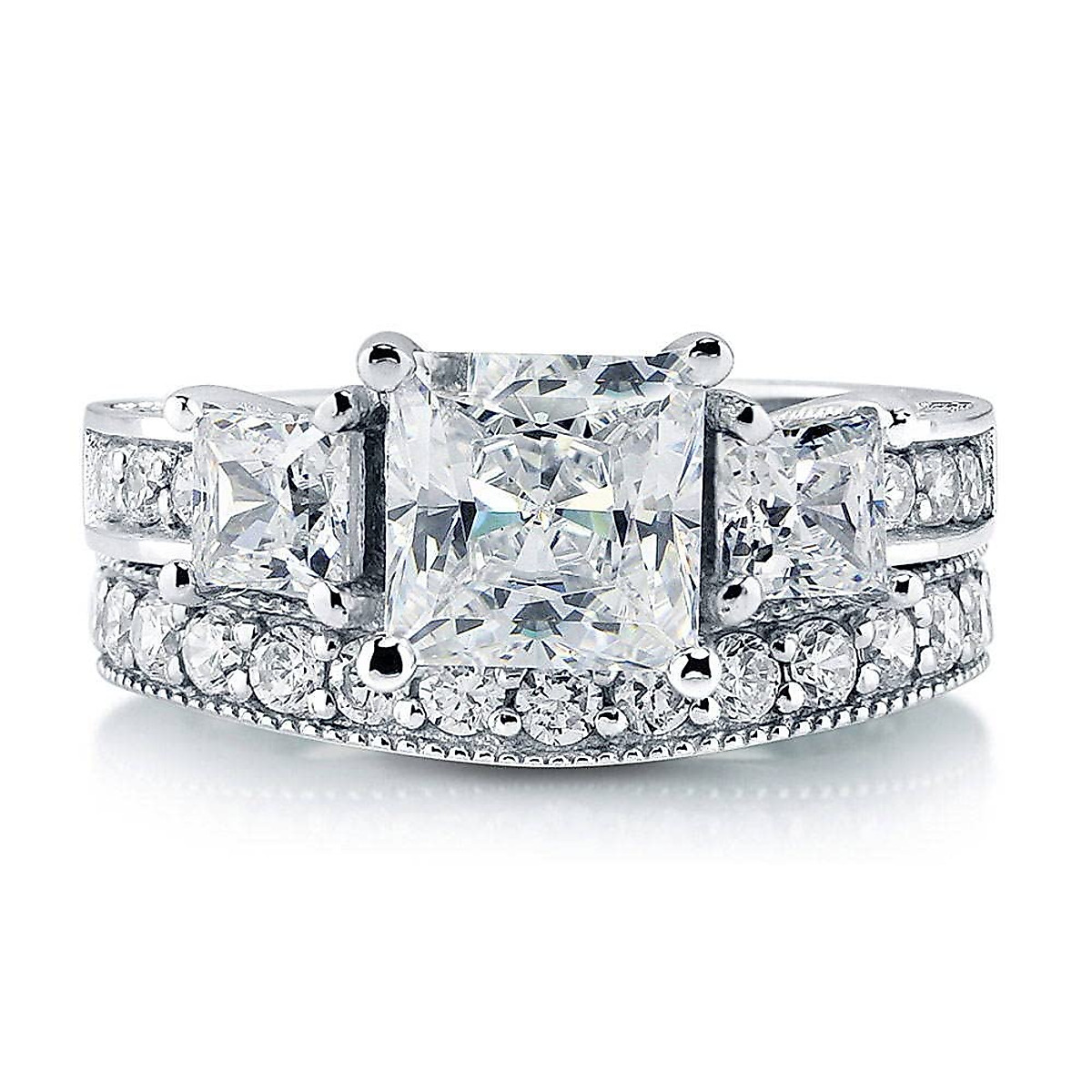 BERRICLE Sterling Silver 3-Stone Wedding Engagement Rings Princess Cut Cubic Zirconia CZ Ring Set for Women, Rhodium Plated Size 10