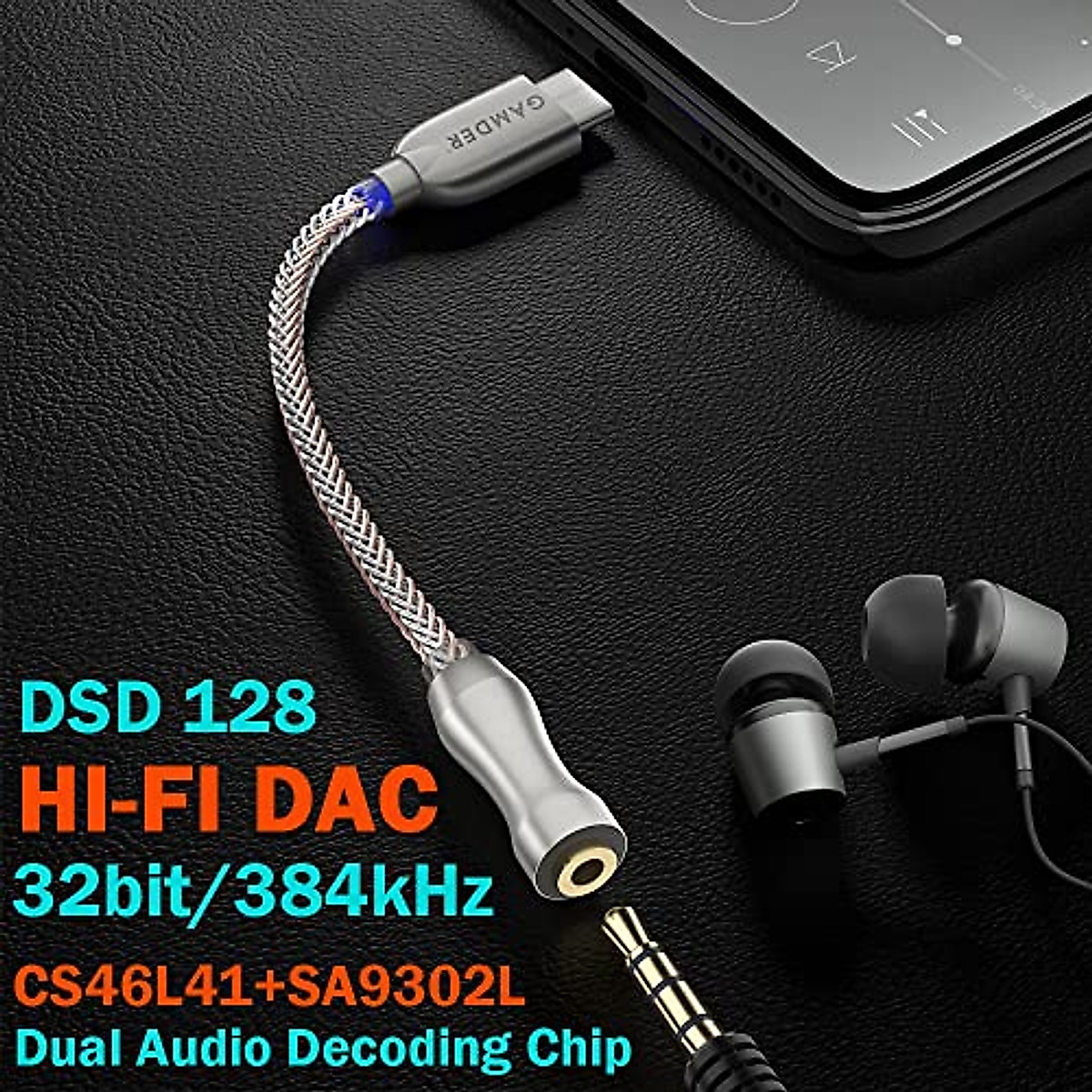 GAMDER USB Type C to 3.5MM DSD128 32bit/384KHz CS46L41 + SA9302L Hi-Fi Dual Audio Chip Decoder Headphone Amplifier Adapter DAC for Android Phone Windows 10 MAC