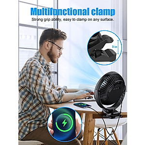 FRIZCOL 12000mAh 8 Inch Portable Clip On Fan,Battery Operated Camping Fan with lights and Remote, USB Fan Small Desk Fan Personal Quiet Fan for Office Stroller Bedroom and Camping