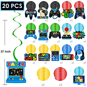 20pcs Video Game Hanging Swirls Video Game Party Decorations Game On Theme Birthday Foil Ceiling Streamers for Kids Boys Gamer Theme Birthday Party Baby Shower Supplies Decorations