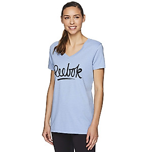 Reebok Womens V-Neck Script Logo Graphic T-Shirt, Blue, Medium