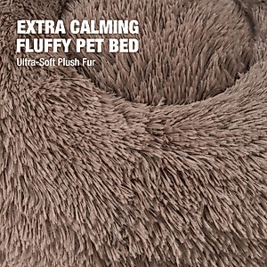 Veehoo Calming Donut Cat Bed for Small Cats Dogs-Round Small Cat Dog Bed, Anti Anxiety Fluffy Faux Plush Cuddler Washable Puppy Bed, Warming Soft Cushion Pet Bed Fits up to 15 lbs Pet, 20", Camel