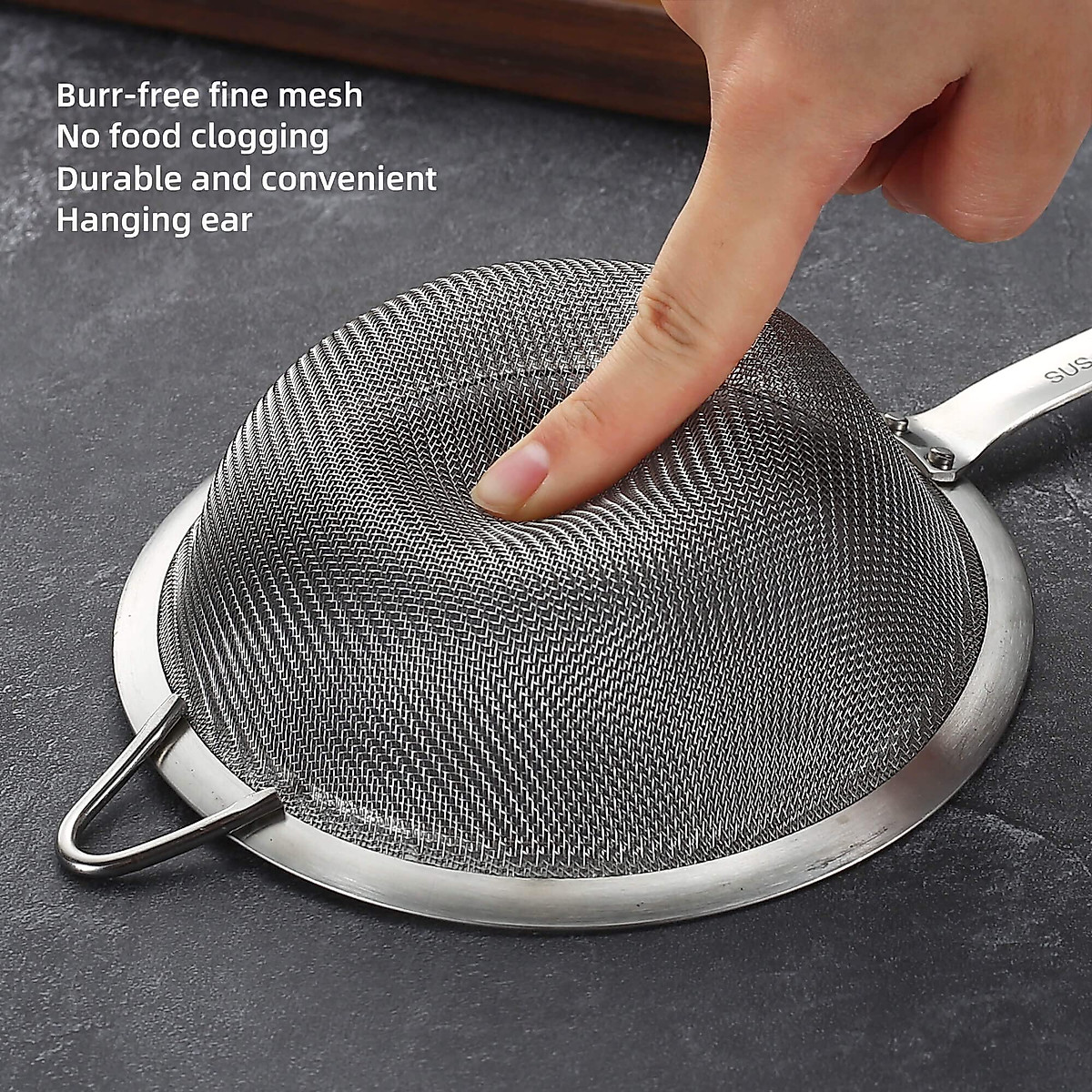 AOWOTO 3.35inch 304 Stainless Steel Fine Mesh Strainers for Kitchen, Colander-Skimmer with Handle, Metal Sieve Sifters for Food, Rice, Oil, Noodles, Fruits, Vegetable, Tea Strainer