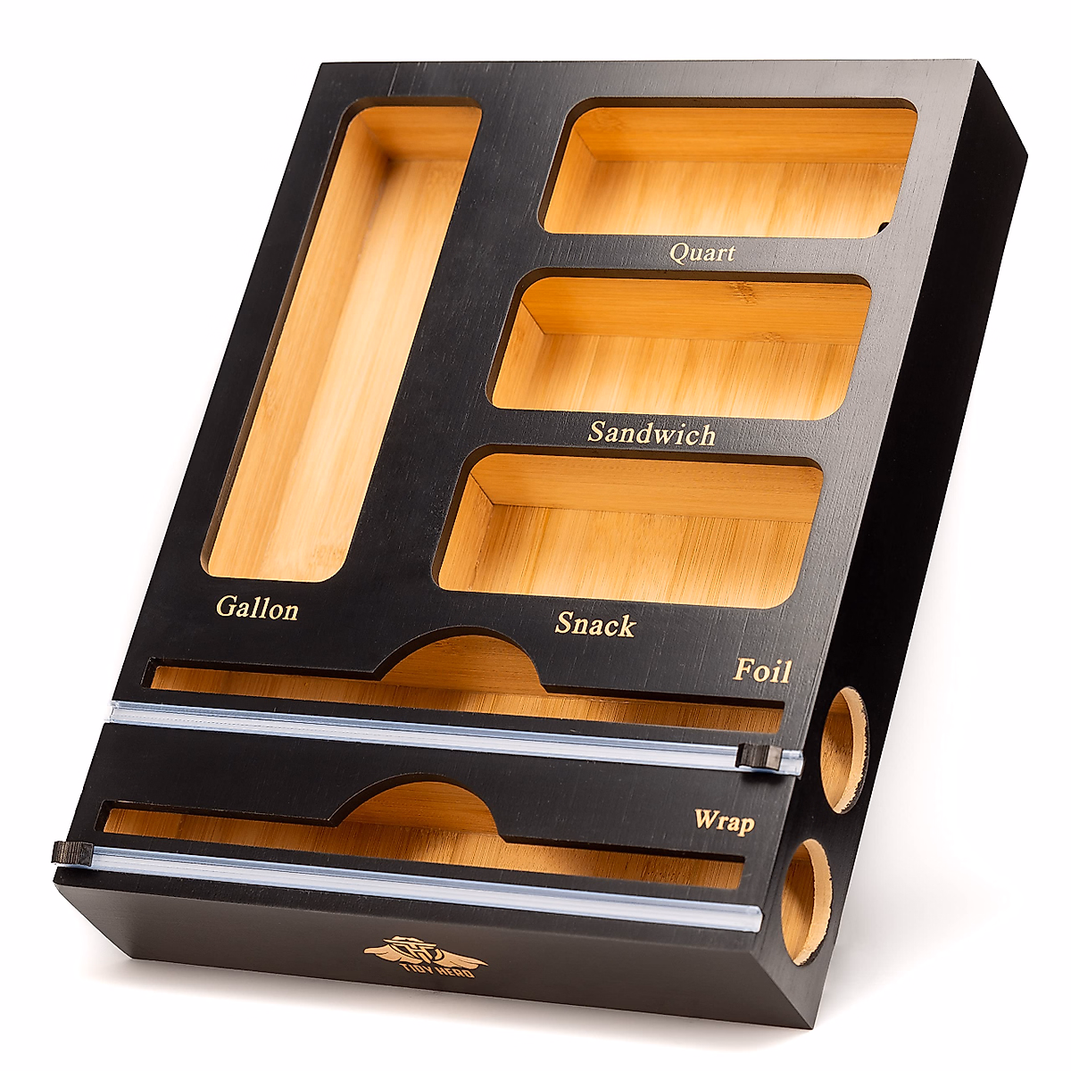 Tidy Hero - Ziplock Bag Organizer with Foil and Wrap Dispenser - 6 IN 1 Luxury Bamboo Plastic Bag Organizers with Cutter for Kitchen Drawers, Kitchen Organization Gadgets for Home, Gift, Black