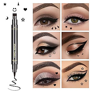 LOKFAR 6 Pcs Double-Side Liquid Eyeliner Stamp Pen Set, Eye Liners for Women Waterproof Eyeliner Pencil Black Eye-liner Stencils Long-Lasting Tattoo Makeup-Triangle,Star,Moon,Heart,Flower,Smiley
