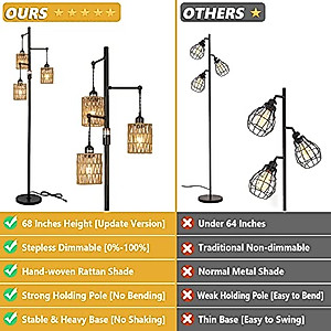 Stepeak Rattan Floor Lamp, 3-Lights Boho Floor Lamp with Stepless Dimmer, 65" Farmhouse Rustic Floor Lamps for Living Room, Tall Tree Floor Lamp with Rattan Shades, Dimmable Standing Lamp for Bedroom