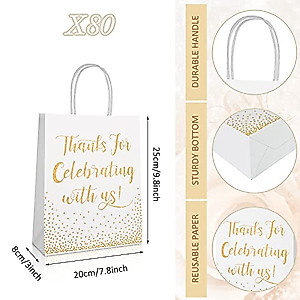 Queekay 80 Pcs Gold Wedding Welcome Bags for Hotel Guests Bulk Thanks for Celebrating with Us Paper Bags Gold Foil Kraft Paper Bags with Handles for Wedding, Baby Shower, Birthday (10 x 8 x 3 Inch)