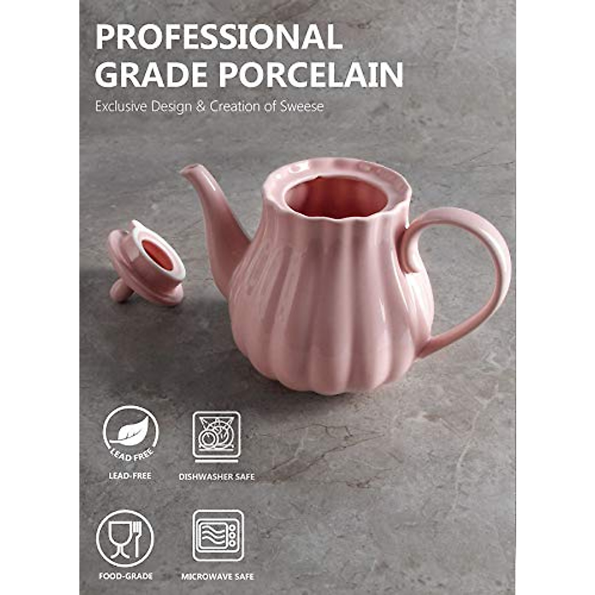 Sweese 222.108 Ceramic Teapot Pumpkin Fluted Shape, Pink - 28 Ounce