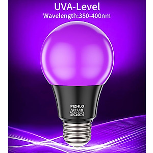 PIZHLO 4 Pack 9.5W LED Black Light Bulb, A19 E26 Black Shell Blacklight LED Bulb, 385-400nm, Glow in The Dark for Blacklight Party, Body Paint, Fluorescent Poster, Halloween, Valentine's Day