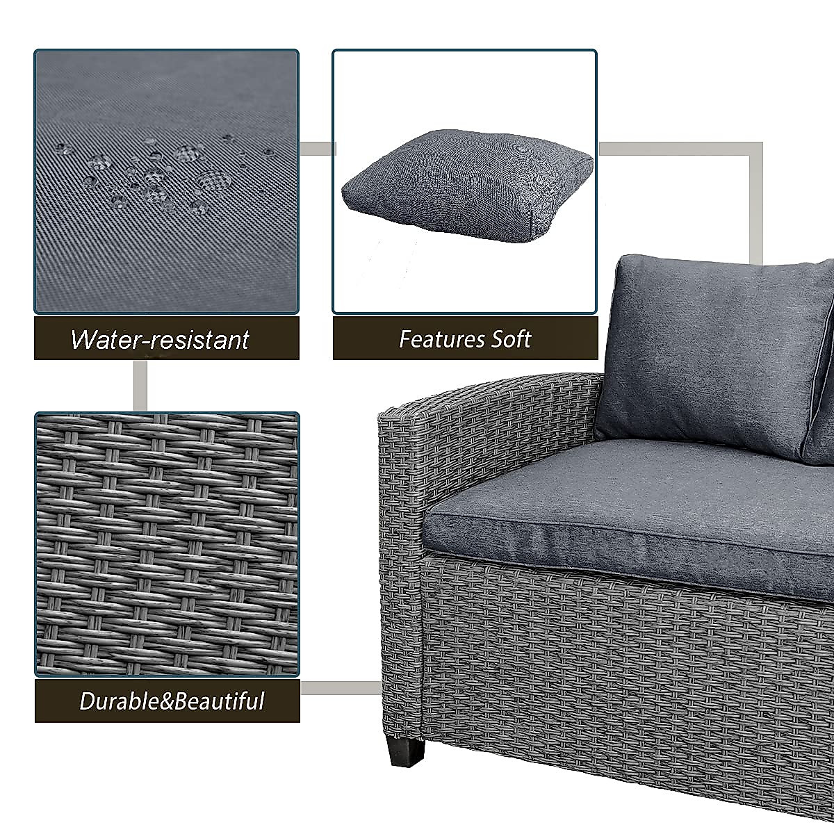 Merax Outdoor Patio Furniture Conversation Set, All Weather Brown PE Rattan Wicker Sectional Sofa with Cushions and Table, Grey
