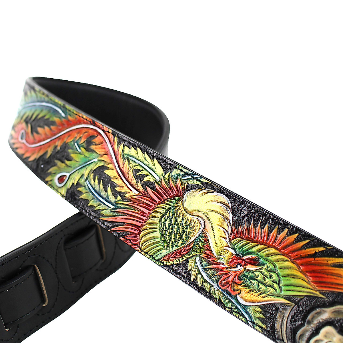 Walker And Williams KB-31 Skinny Series 2" Wide Flat Black Premium Grain Leather Padded Guitar Strap With Hand Tooled Red And Gold Phoenix Design