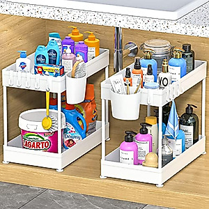Hekaty 2PCS Under Sink Organizer and Storage Multi-purpose 2 Tier Bathroom Organizer Storage Cabinet Kitchen Organizer Storage With Cup & Hooks Cleaning Supplies Organizer with Hanging Cup Hooks White