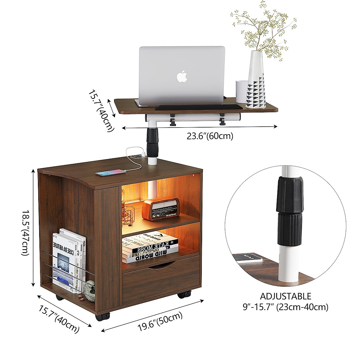 dnbss LED Nightstand with Charger Station, Swivel Top Bedside Table with Wheels, Smart Night Stand with Laptop Table Workstation for Bedroom, Modern End Side Table (Brown)