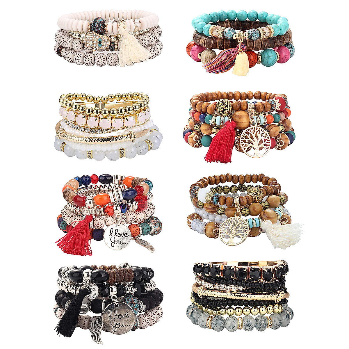 LOYALLOOK 8 Sets Bohemian Stackable Bead Bracelets for Women Stretch Multilayered Boho Stackable Bracelets Stack Beads Multicolor Beaded Strand Bangle Charm Bracelets Boho Tassel Bracelet Set Handmade