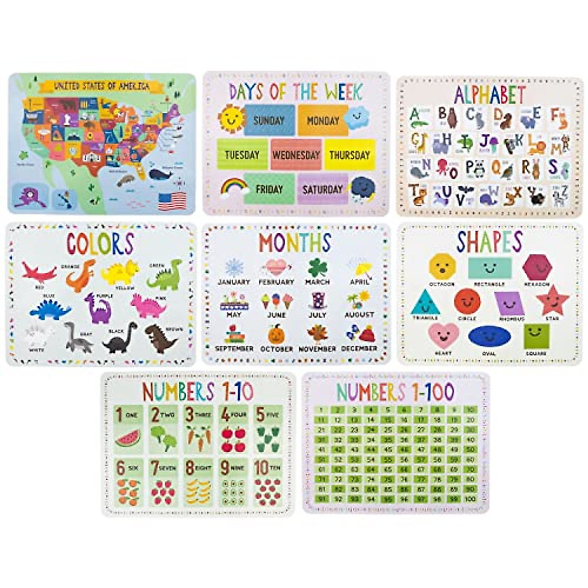 8-Pack Reversible Classroom Wall Posters 22" x 17" - Learn The Alphabet, Colors, Days, Months, Numbers, Shapes, & USA Map - Educational Posters by Pint-Size Scholars