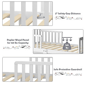 HONEY JOY Toddler Bed Frame, Solid Rubber Wood Frame w/Safety Guardrail, Fits Crib Full Size Mattress (Not Included), Children Classic Sleeping Bedroom Furniture for Kids Boys Girls (White)
