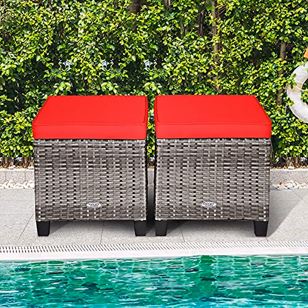 Tangkula 2 Pieces Patio Rattan Ottomans, Outdoor Wicker Footstool Footrest Seat with Soft Cushions and Steel Frame, All-Weather Patio Ottoman Set for Backyard Garden Poolside (Red)