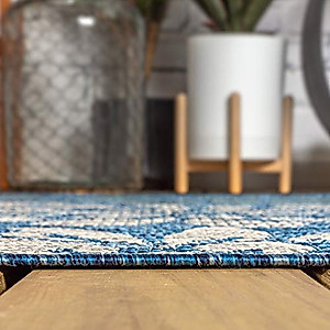 JONATHAN Y SMB110C-8 Zinnia Modern Floral Textured Weave Indoor Outdoor Area-Rug Bohemian Coastal Easy-Cleaning Bedroom Kitchen Backyard Patio Non Shedding, 8 X 10, Navy/Aqua