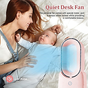 CONBOLA Small Tower Fan, 11.8 Inch Personal Portable Fan Rechargeable, USB Quiet Bladeless Desk Fan with 3 Speeds, Battery Operated Fan with Decorative LED for Office Bedroom Outdoor Table Home(Pink)