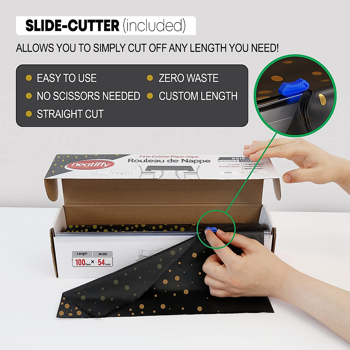 Neatiffy 54 in x 100 Ft - Disposable Plastic Table Cloth Roll with Slide Cutter | Waterproof Cover for Rectangle, Square, Oval Tables | Picnic, Party, Banquet, Birthdays, Weddings - Black Golden Dot