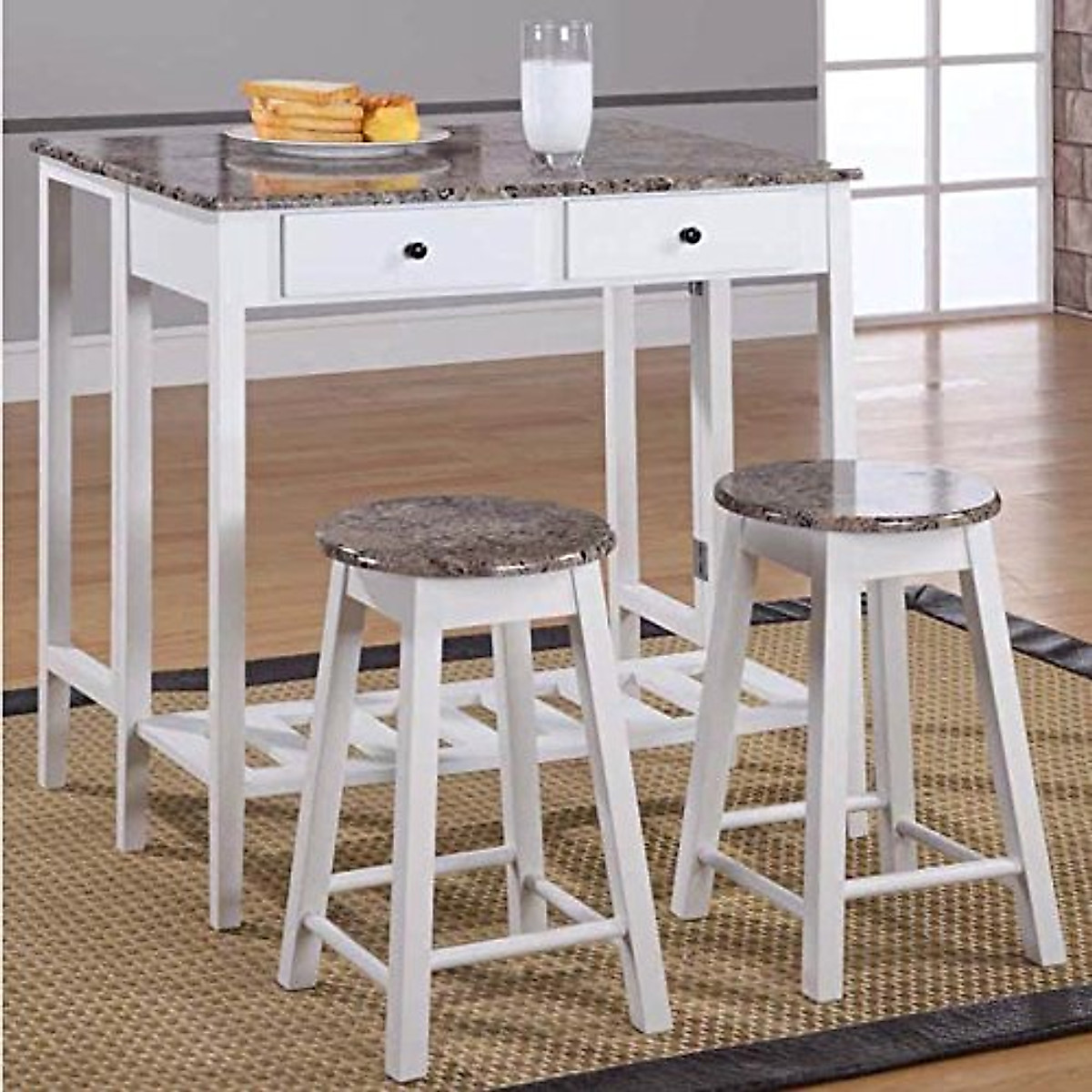 King's Brand 3 Pc. White Finish Wood Drop Down Table & 2 Stools
