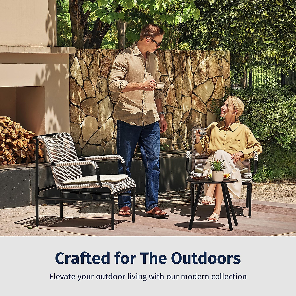 EAST OAK 3-Piece Patio Furniture Set, Outdoor Bistro Set with PE Rattan Wicker Wide Chairs, Soft Cushions & Coffee Table, Modern All-Weather Wicker Patio Set for Garden and Porch, Creamy Apricot