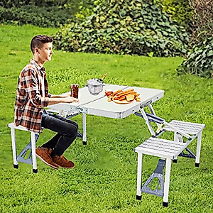Carivia Aluminum Foldable Table Camping Picnic Folding Grilling Table w/ 4 Chairs Seats Umbrella Hole Fold Up Suitcase Table for Travel Picnic Camping BBQ Party