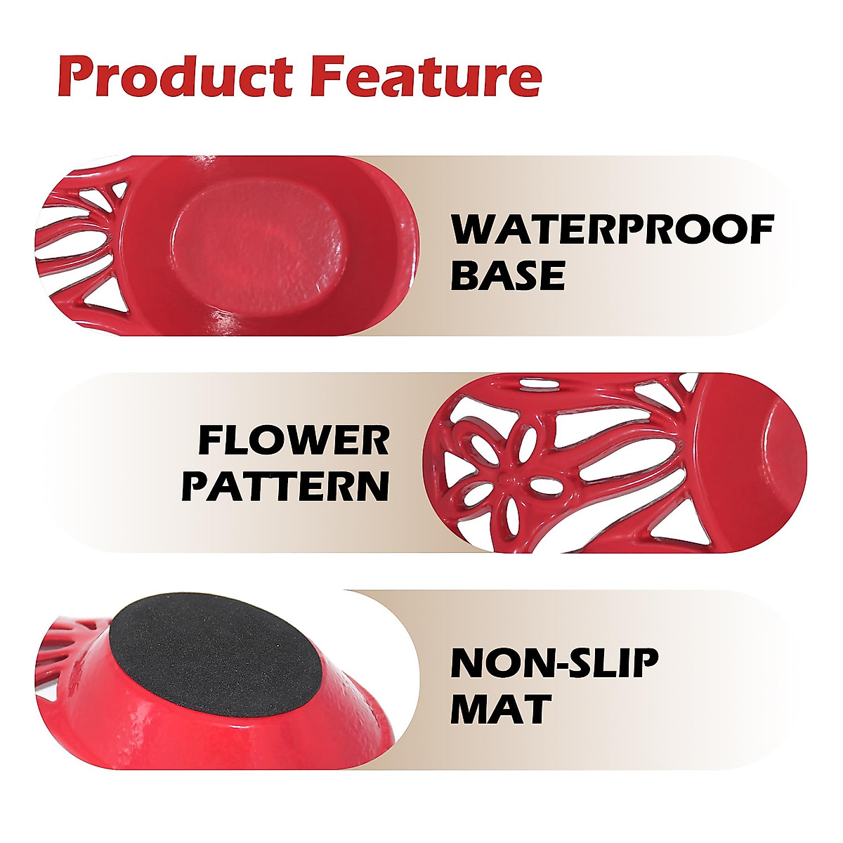 Spoon Rest for Stove Top - Vintage Robust & Unbreakable Cast Iron Spoon Rest Ladle Holder for Kitchen Counter with Flower Pattern, Red