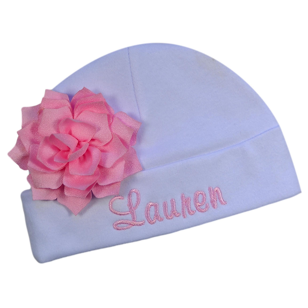 Personalized Embroidered Baby Girl Hat with Lotus Flower Your Custom Name (White Hat/Light Pink Flower)