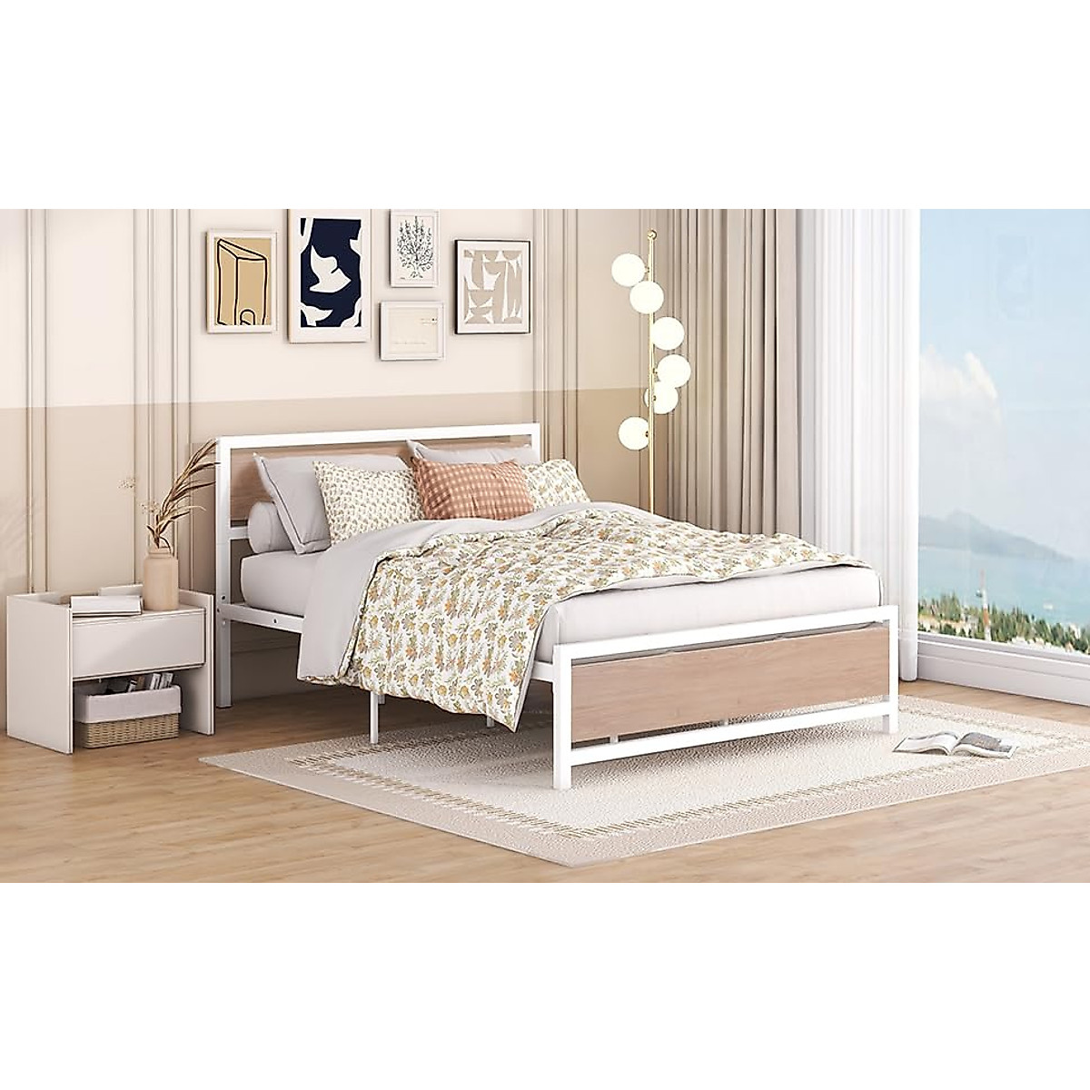 HABUHOME Queen Size Platform Bed, Metal and Wood Bed Frame with Headboard and Footboard, White