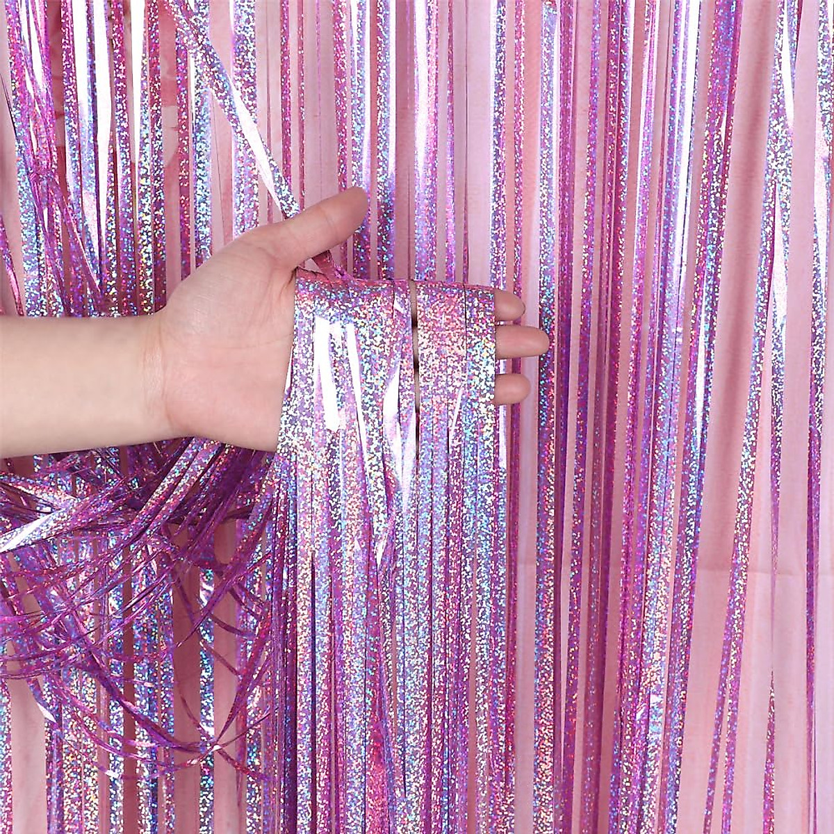 4 Pack Pink Tinsel Curtain Metallic-12.8x8.2 Feet, Slmeno Glitter Pink Fringe Curtain, Pink Party Curtain, Pink Tinsel Backdrop, Pink Streamer Backdrop, Pink Foil Fringe Curtain, Pink Glitter Backdrop