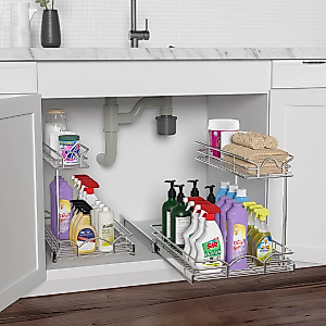 OCG 2 Tier Under Sink Pull Out Organizer (11" W x 18" D x 15.8" H), Under Sink Organizers and Storage for Kitchen Bathroom Cabinet, Chrome Finish