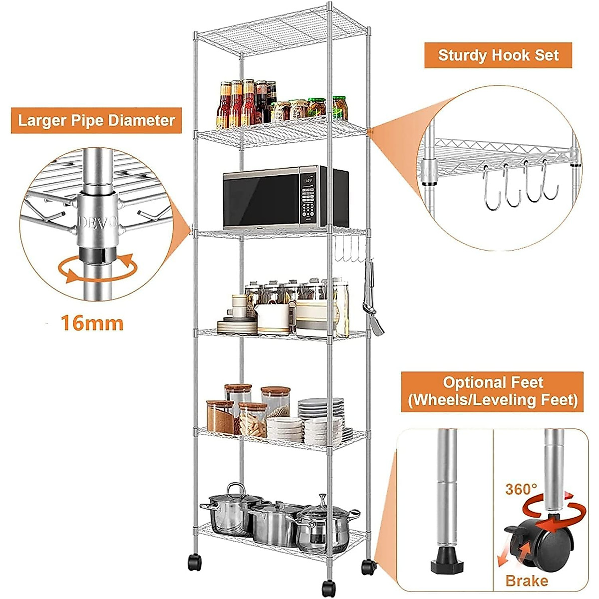 Devo Shelves for Storage, Metal Storage Shelves, Pantry Shelves, Bathroom Shelves, Height Adjustable Shelf Organizer for Kitchen Storage, Home Organization (21" L * 11" W * 63" H)