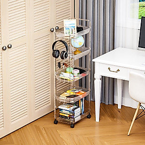 Clear 5 Tier Rolling Utility Cart with Wheels,Modern Bedside Cart for Baby Essentials,Nursery,Diaper Caddy,Baby Supplies,Rolling Storage Cart for Living Room,Bathroom,Kitchen,Book Cart