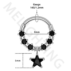 Melighting Dangle Septum Rings 16G Star Septum Jewelry Clear CZ Stainless Steel 316L Daith Piercing Jewelry for Women Helix Earring